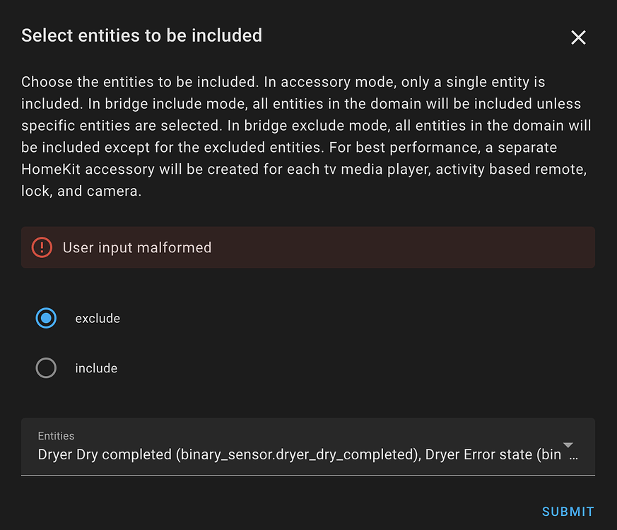 HomeKit Error User Input Malformed Configuration Home Assistant