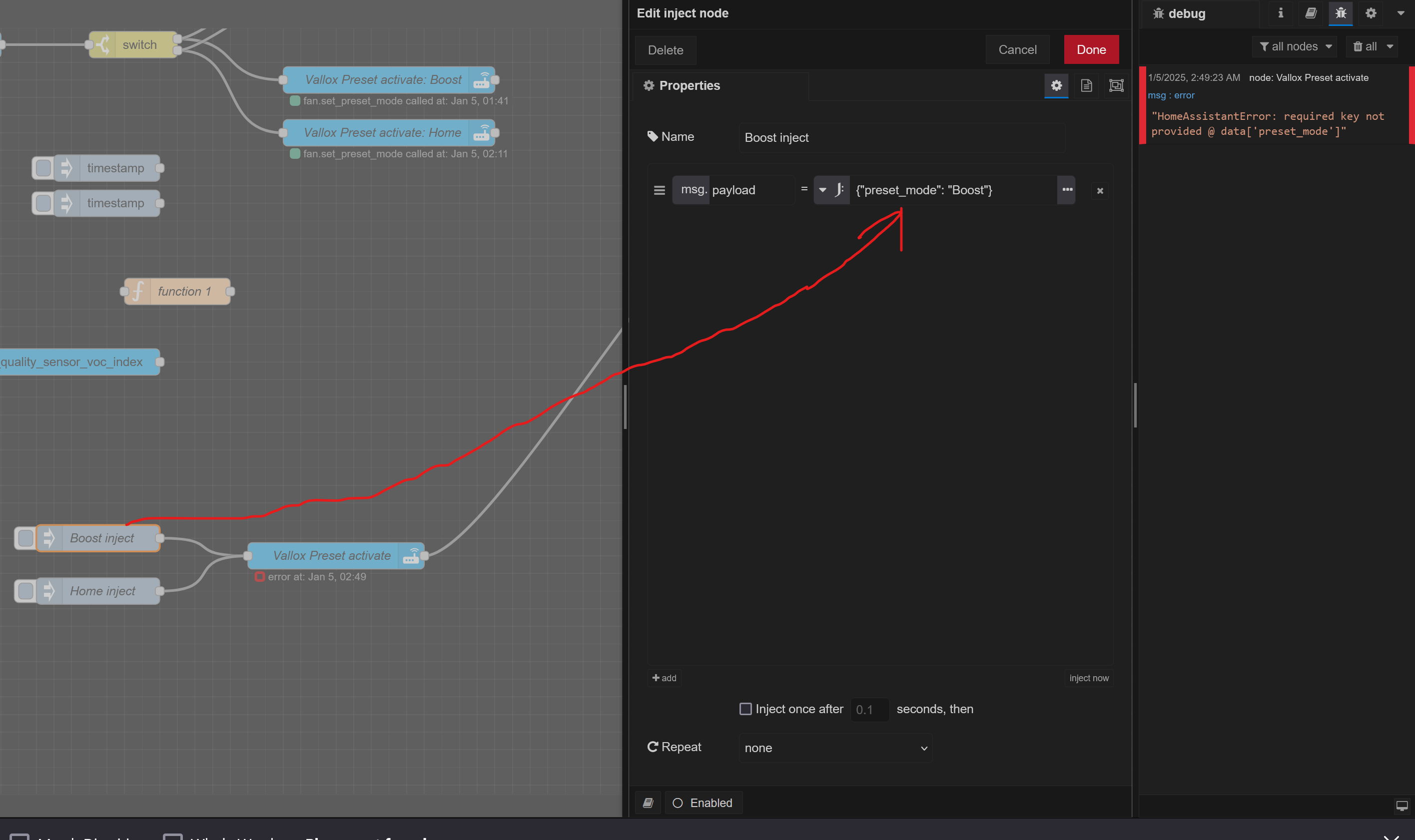 Please Help With Calling Event With Payload In Inject Node In Node Red