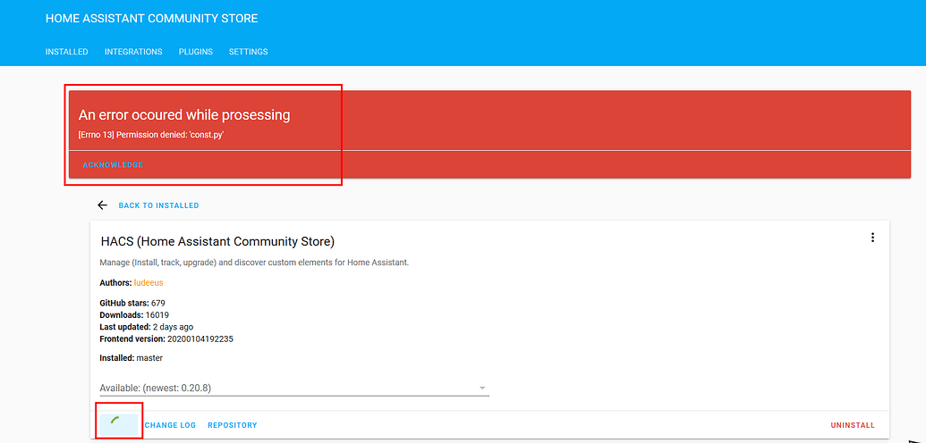HACS 20.7 - An error ocoured while prosessing [Errno 13] Permission denied: 'configuration.py ...