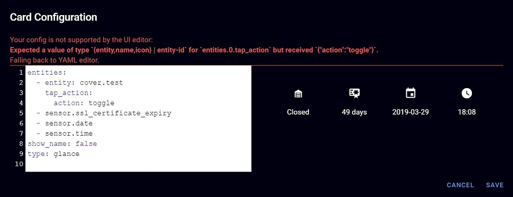 Tap_action works, but displays an error in the Lovelace UI editor ...