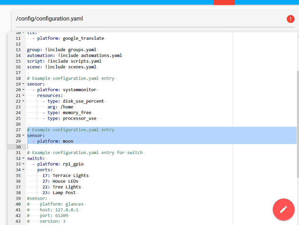 Moon sensor line makes configuration.yaml editor have error (!) - Configuration - Home Assistant ...