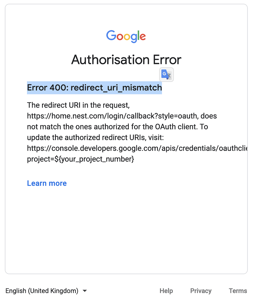 [NEST INTEGRATION] Getting a Error 400: redirect_uri_mismatch when ...