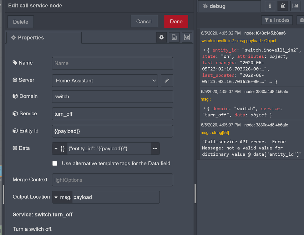 Call service node Data inject msg.payload - Node-RED - Home Assistant ...