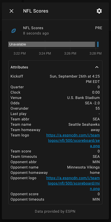 NFL game sensor (scores, possession, etc) - Custom Components - Home ...