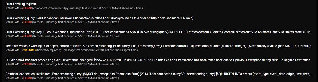 Recorder Mysql Error After Update To 2021 5 Configuration Home Assistant Community