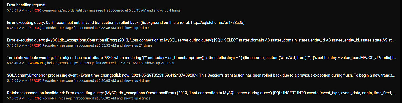Recorder Mysql Error After Update To 2021 5 Configuration Home Assistant Community