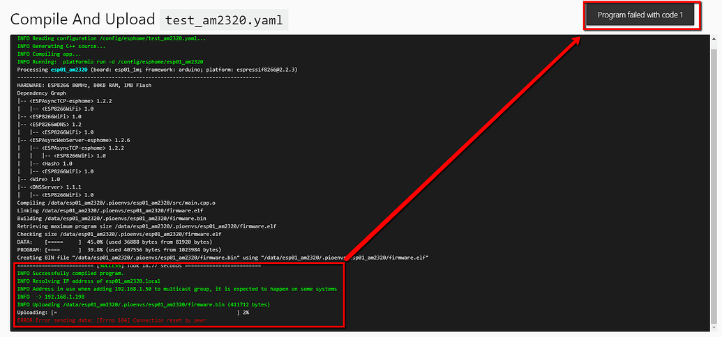 [SOLVED] ERROR Uploading YAML via OTA: [Errno 104] - ESPHome - Home ...