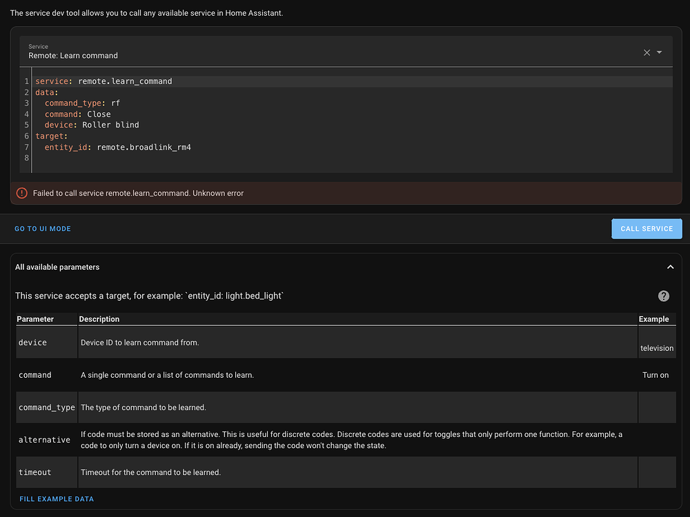 Unable setup learn command. Failed to call service remote.learn_command ... Unable setup learn command. Failed to call service remote.learn_command ...