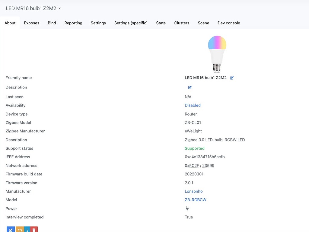 Zigbee led bulb device not configured with all entities - Zigbee - Home ...