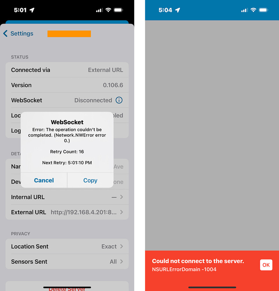 HA on Rasp Pi stopped working, WebSocket NWError 0, Eero router shows it connected ...
