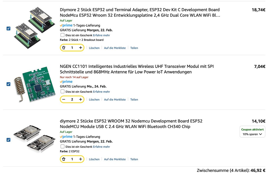 Hardware recommendations for elero esphome (WT32-ETH01 + 868MHz CC1101 ...