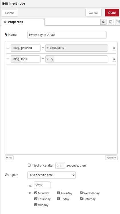 Inject node at a specific time and making this time configurable from ... Inject node at a specific time and making this time configurable from ...