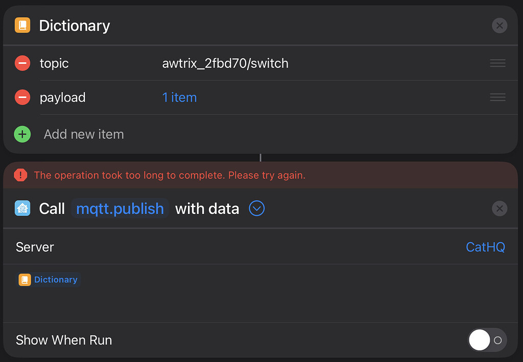Timeout From Shortcuts App When Calling Mqtt publish Service Home 