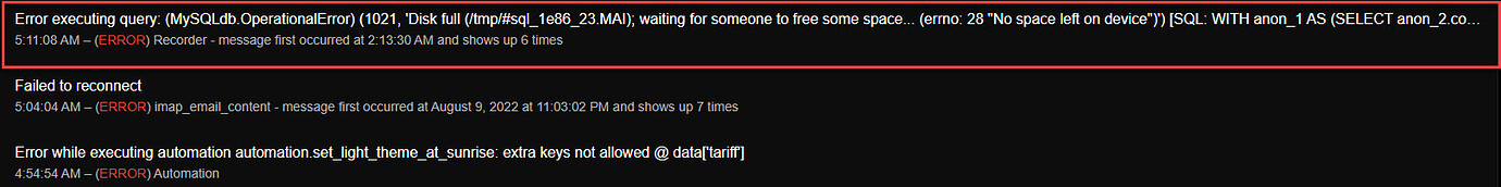 MariaDB: #1021 Disk Full Error - Configuration - Home Assistant Community