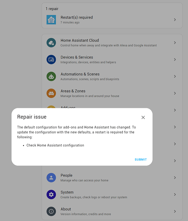 "Restart(s) required" message in Setup page - Configuration - Home Assistant Community