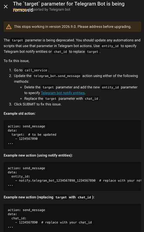 Telegram bot changes - Target parameter removed - Configuration - Home ...