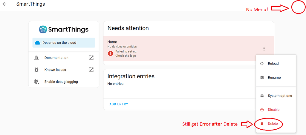 Smartthings Integration - can't change webhook; can't delete integration or reinstall ...