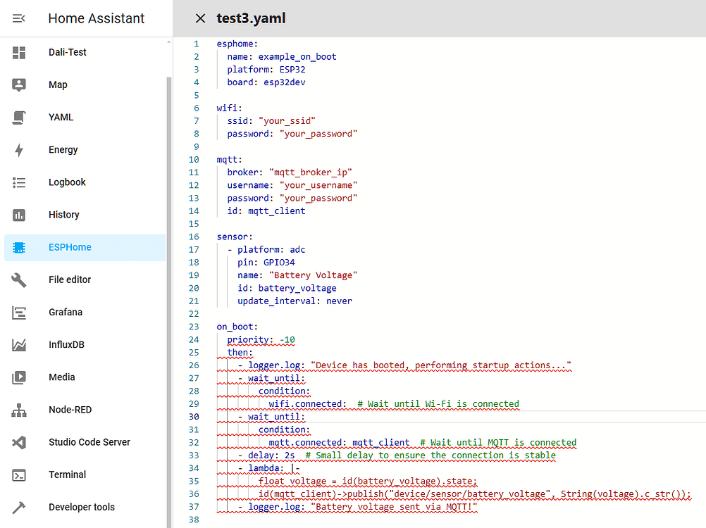 Help with on_boot. Validation fails. Component not found: on_boot - ESPHome - Home Assistant ...