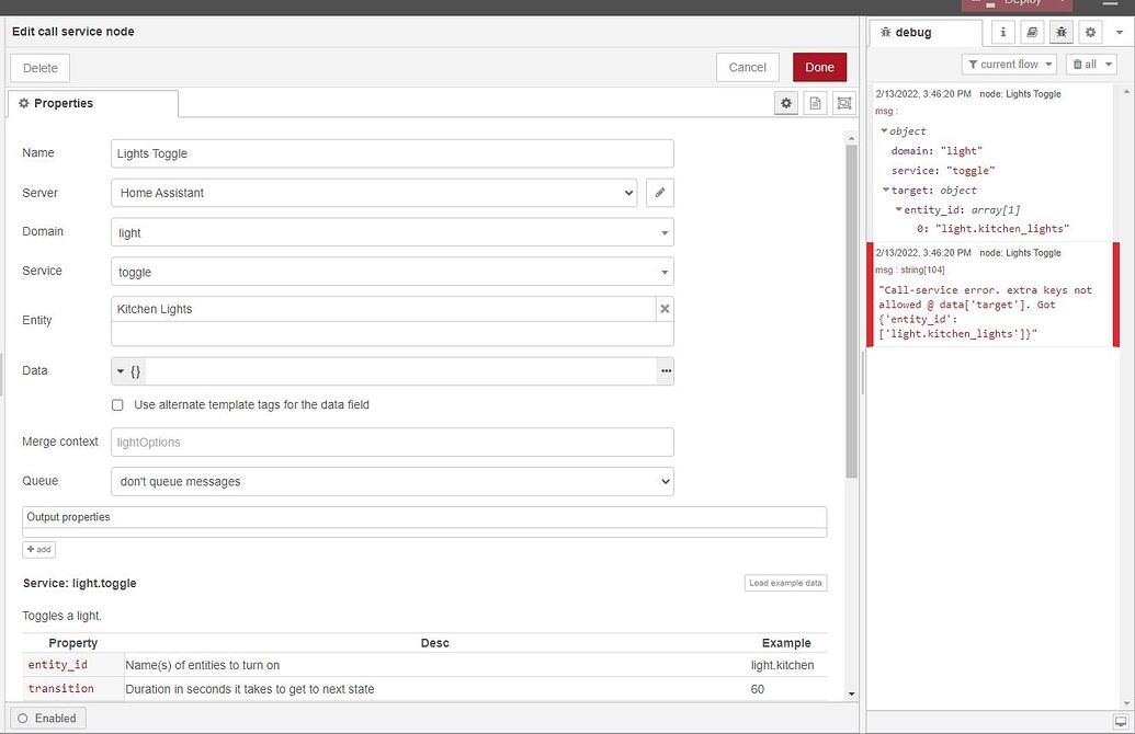 Call service nodes suddenly giving: "Call-service error. extra keys not ...