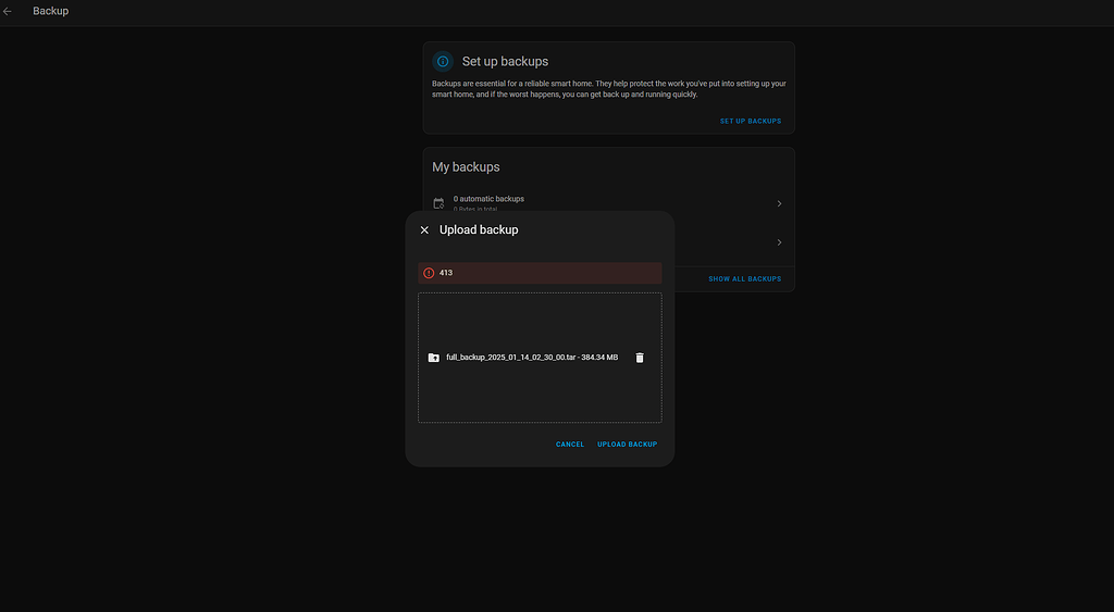 Unable to upload backup from other HA server, 413 error message. Using ... Unable to upload backup from other HA server, 413 error message. Using ...