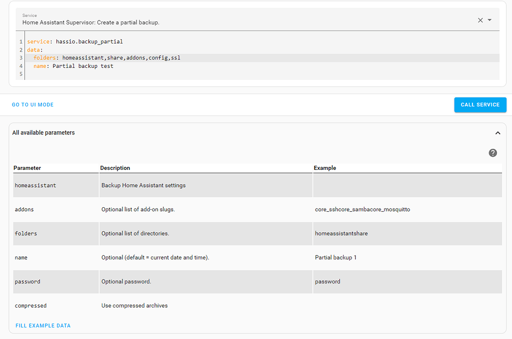 Partial Backup Service Call not working, trying to build automation for partial backup (don't ...