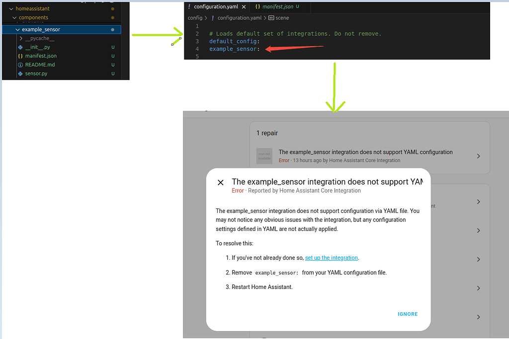The example_sensor integration does not support configuration via YAML file - Third party ...