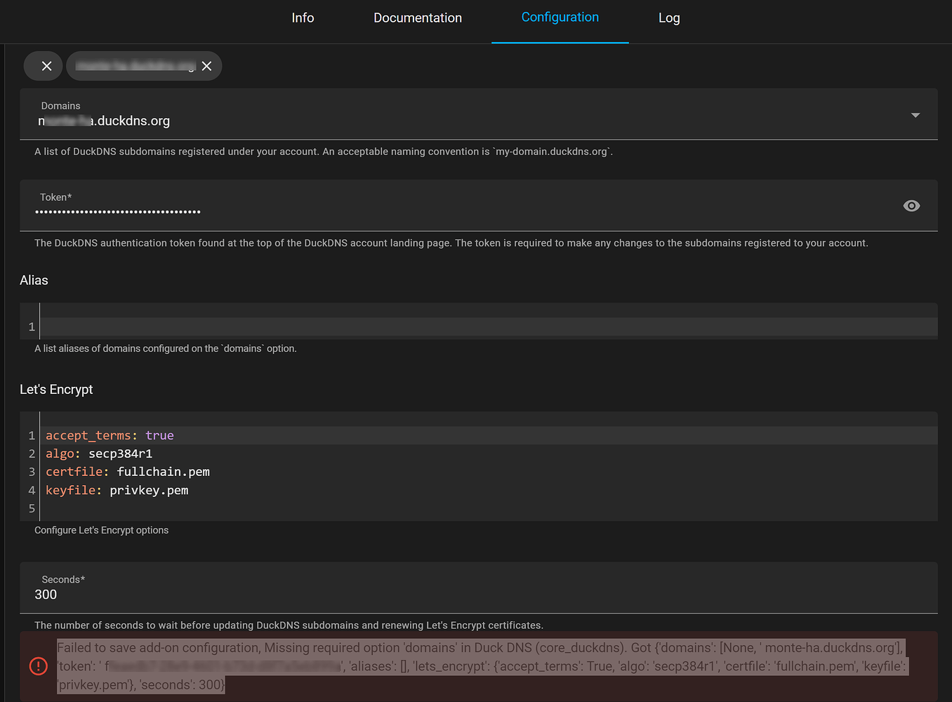 New To Ha Duckdns Wont Save Failed To Save Add On Configuration
