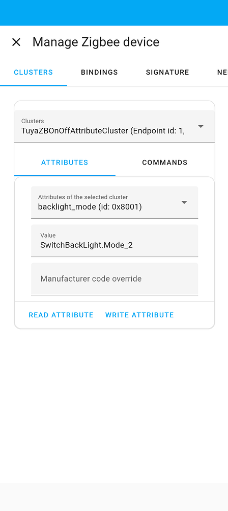Manually setting 'backlight' attribute on Zigbee MOES Tuya lightswitch with ZHA toolkit (TS0014 ...