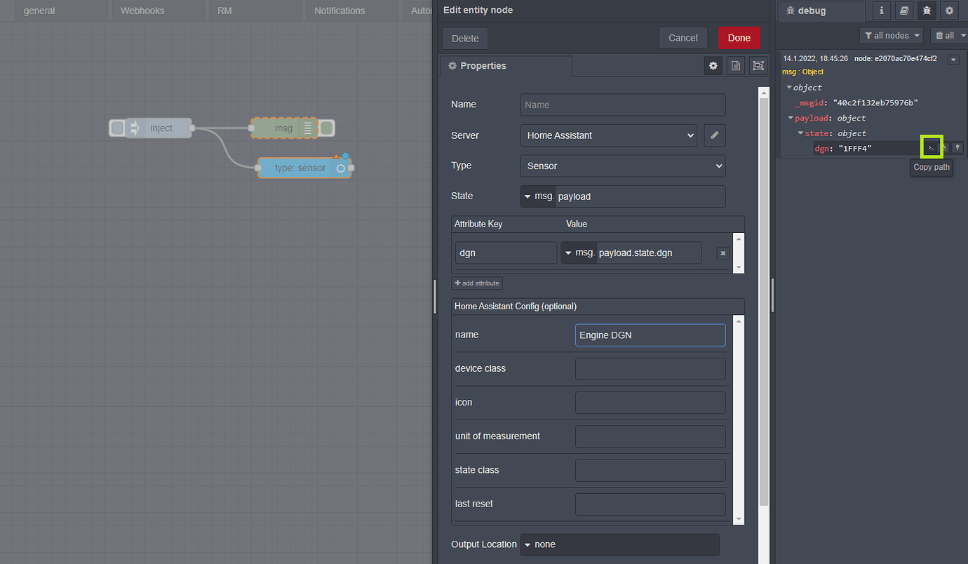 In Node Red How To Configure A Ha Sensor Entity Node To Receive State Data From A Device Node