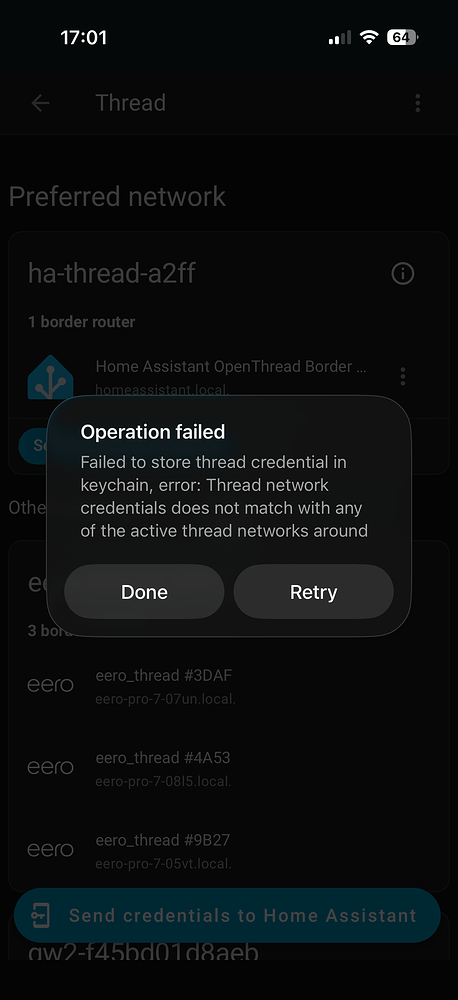 Failed to save thread network credential - Matter/Thread - Home Assistant Community