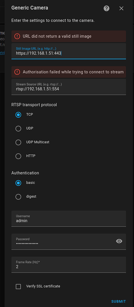 Unable To Add Any Cameras Using Generic Camera Configuration Home Assistant Community