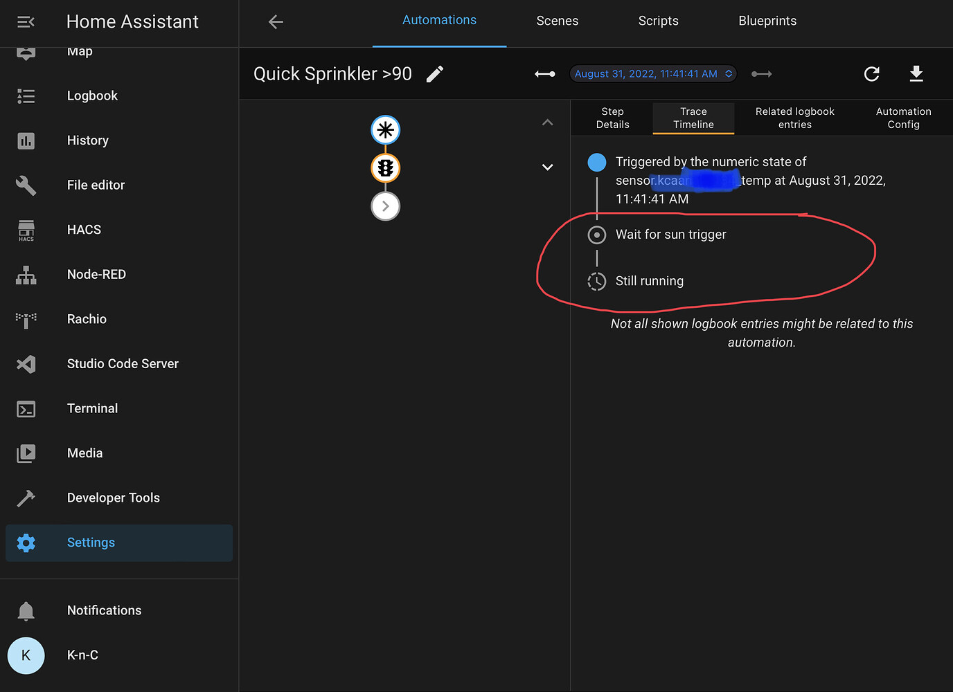 Automation: run quick_sprinkler script at sunset if temp >90 ...