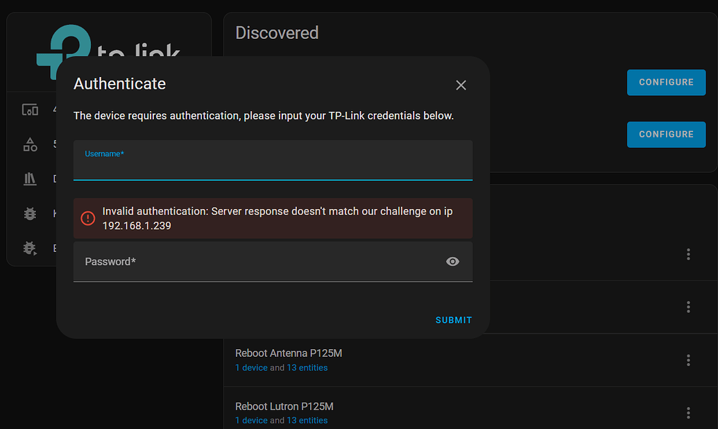 Invalid authentication: Server response doesn't match our challenge on ip TP-Link ...