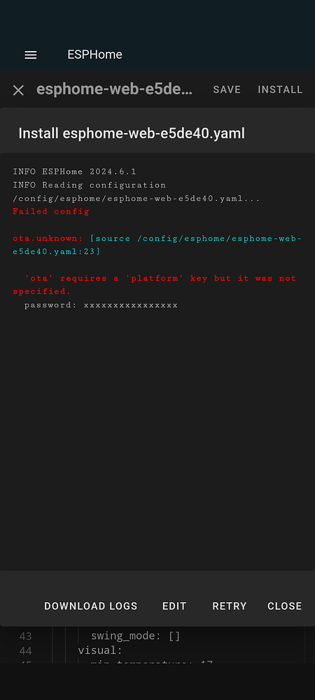 At least one platform must be specified for 'ota'; add 'platform: esphome' for original OTA ...