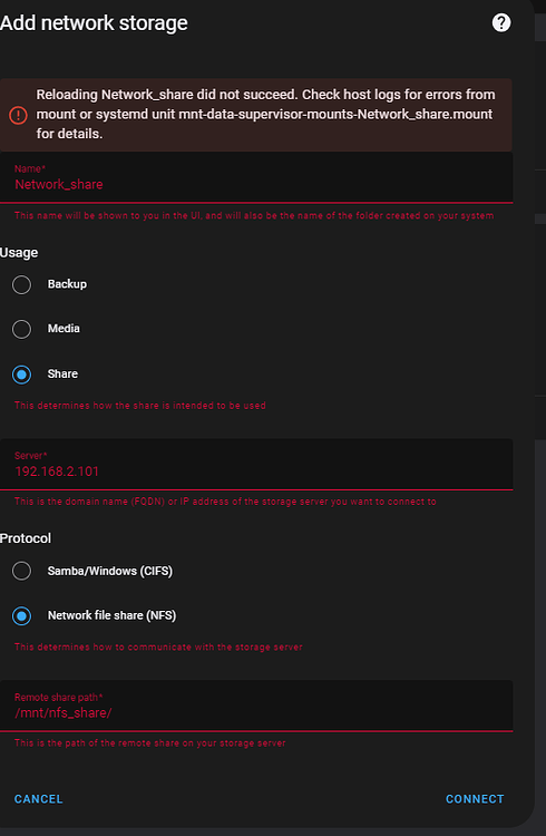 Error on adding network storage (NFS share) - Configuration - Home ...