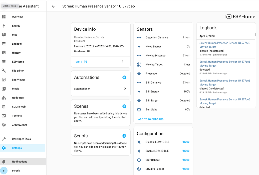SCREEK Home Assistant 24Ghz FMCW WiFi Human Presence Detector Radar 1U - Hardware - Home ...