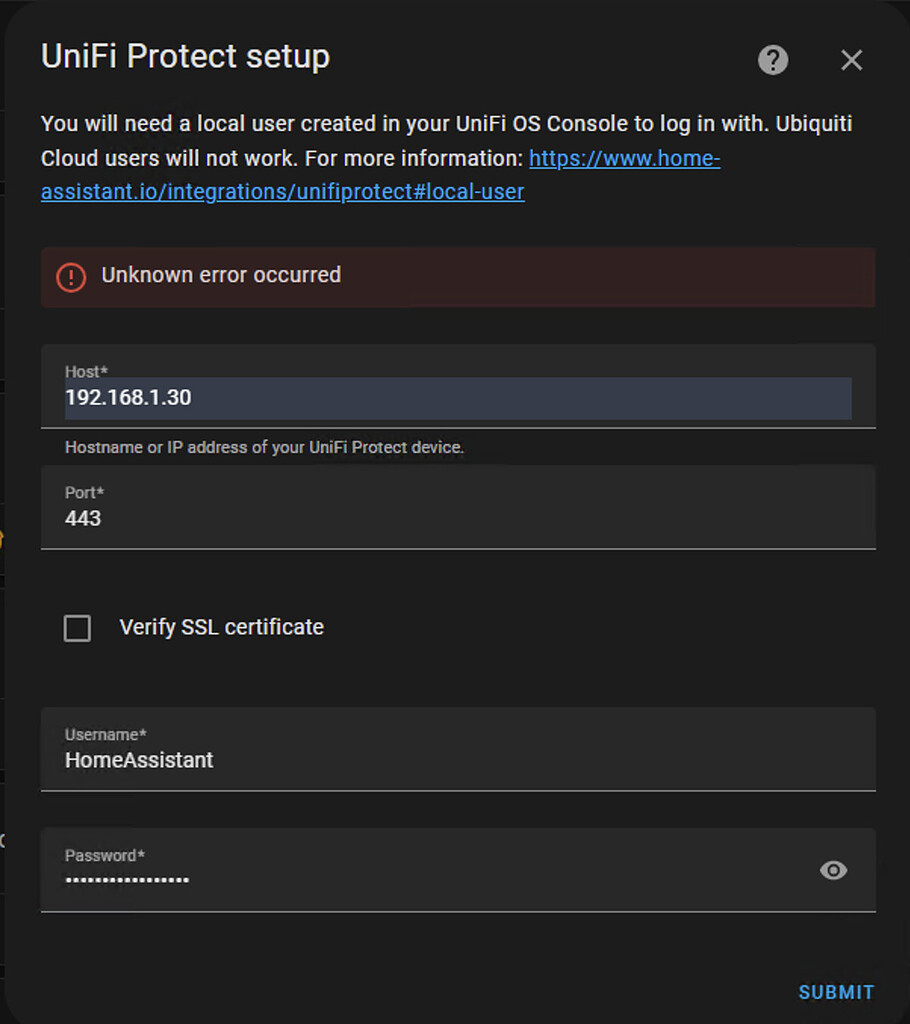 Unifi Protect Integration Unknown Error Occurred Configuration Home Assistant Community
