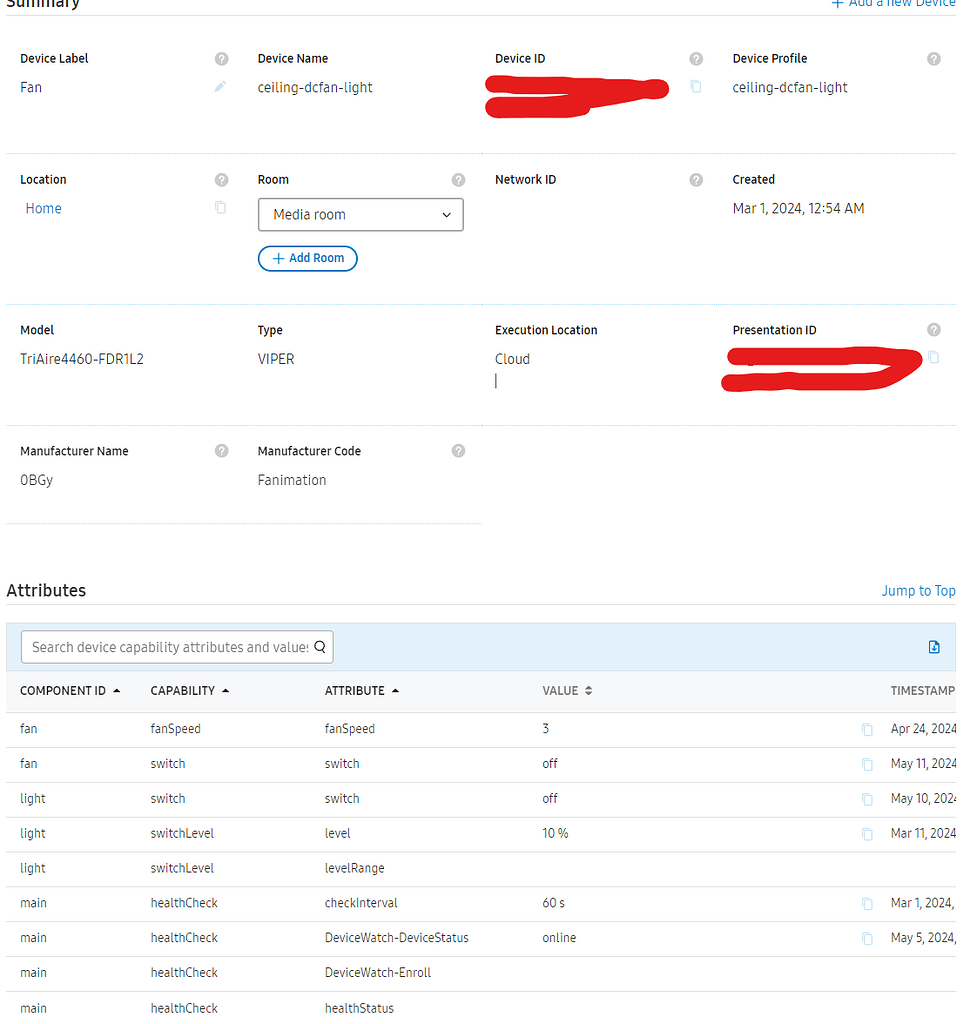 Attempts to get Fanimation fan integrated into HA, Smartthings skipping the fan but imports ...