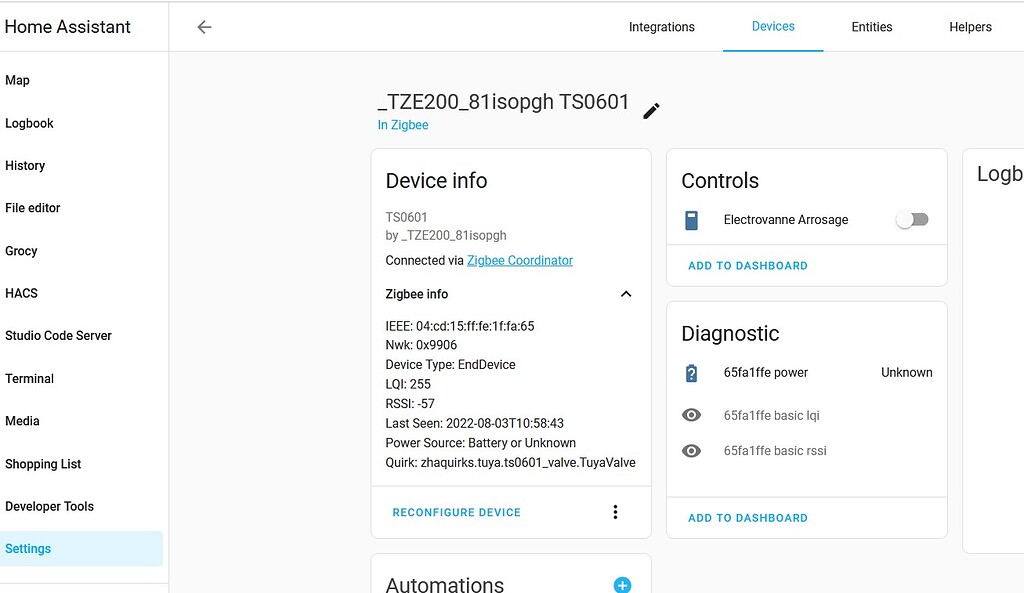 Zigbee garden irrigation device ( Solenoide valve ) not fully supported by ZHA integration ...