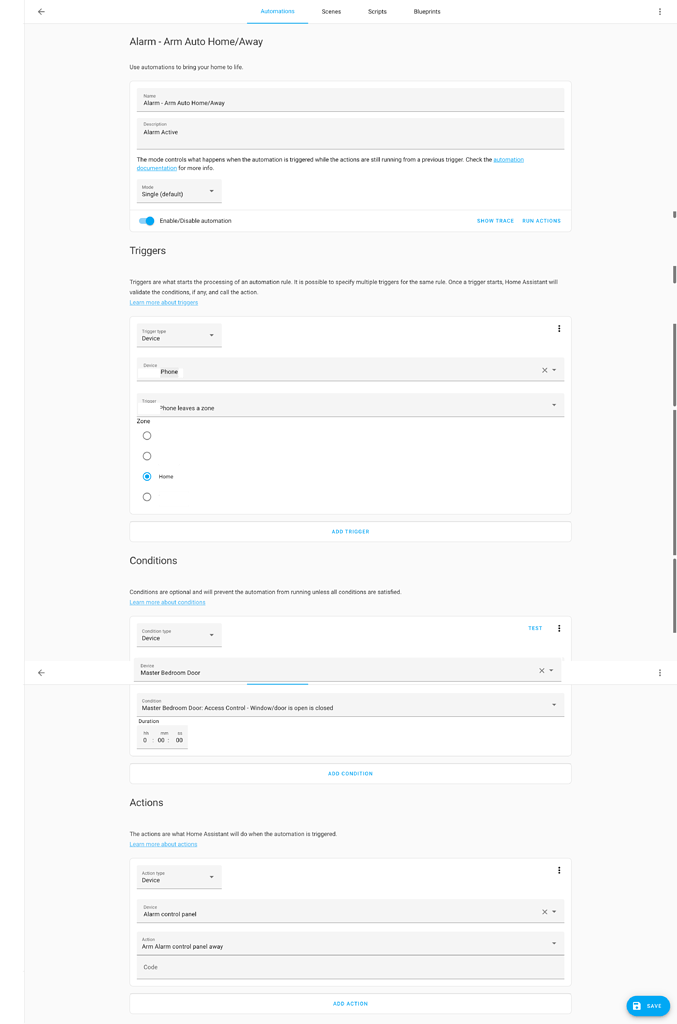 Automation to trigger an alarm based on location and status of a door ...