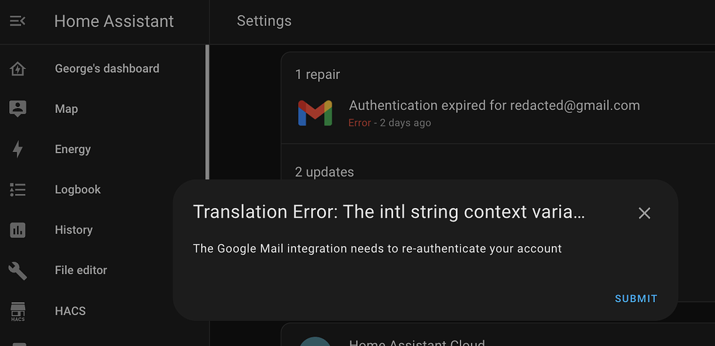 GMail integration won't stay authenticated for more than ~1 week - `Translation Error: The intl ...