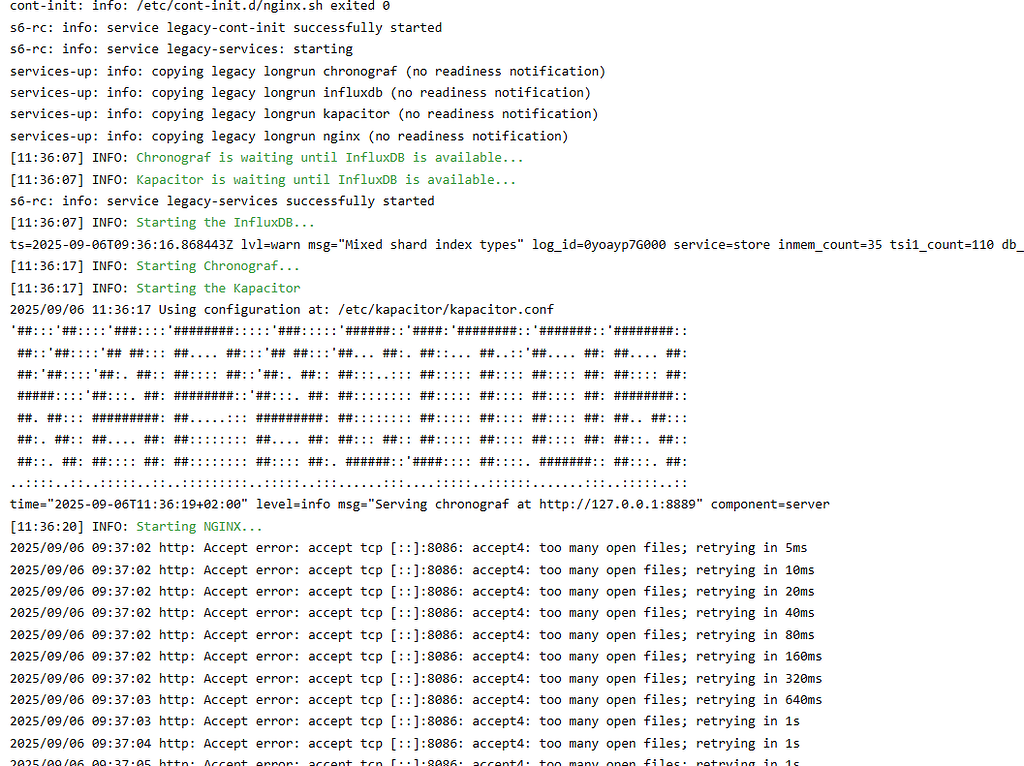 Error InfluxDB Accept error: accept tcp [::]:8086: accept4: too many open files; retrying in 1s ...