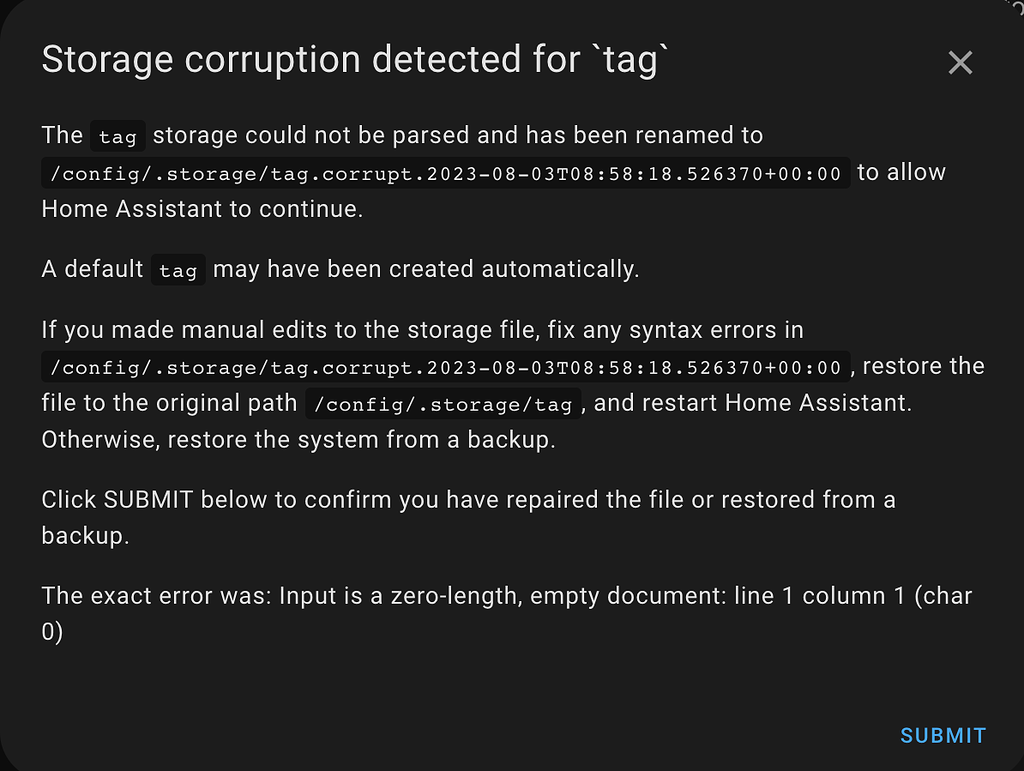 Need Help Storage corruption detected for `tag` - Configuration - Home ... Need Help Storage corruption detected for `tag` - Configuration - Home ...