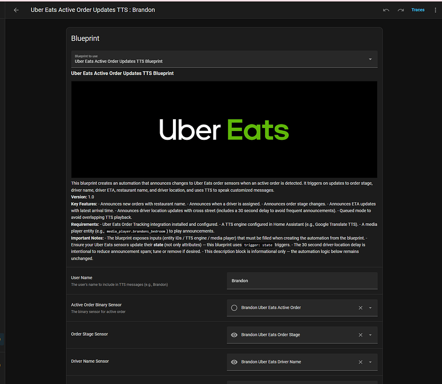 Uber Eats Order Tracker TTS Blueprint - Blueprints Exchange - Home ...