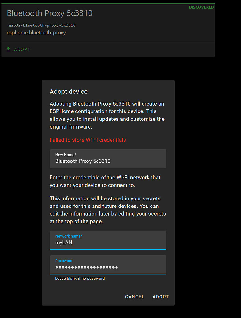 Cannot Adopt ESP32 because failed to store wifi credentials - ESPHome - Home Assistant Community