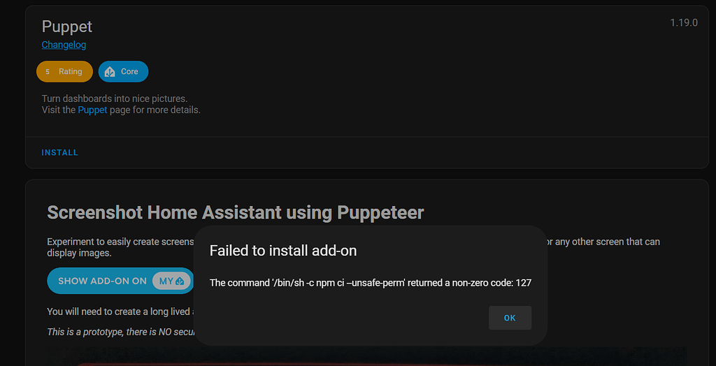 Failed to Install Puppet Addon: The command '/bin/sh -c npm ci --unsafe-perm' returned a non ...
