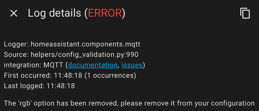 The 'rgb' option has been removed, please remove it from your configuration - Configuration ...