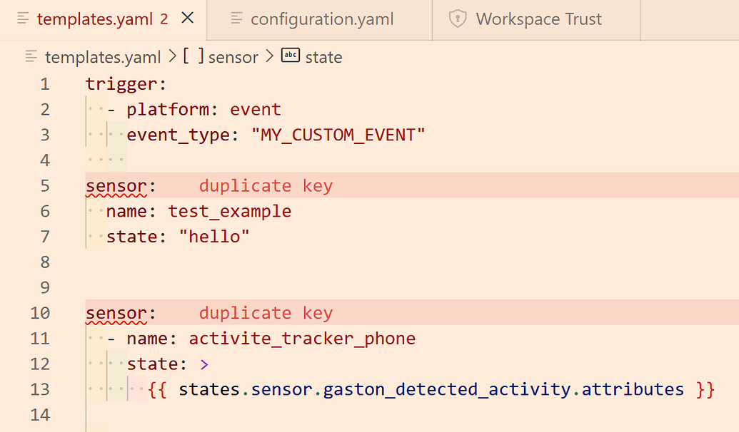 How to create trigger based sensor? How to avoid having "duplicate key" red messages, or other ...