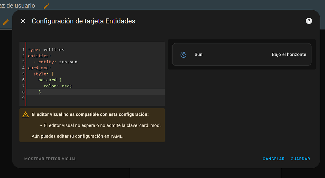 At path: style -- Expected a value of type `never`, but received: `"ha-card { - Frontend - Home ...