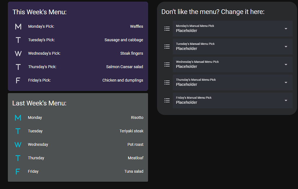 Weekly Dinner menu choices, auto-rotating, with random selection ...